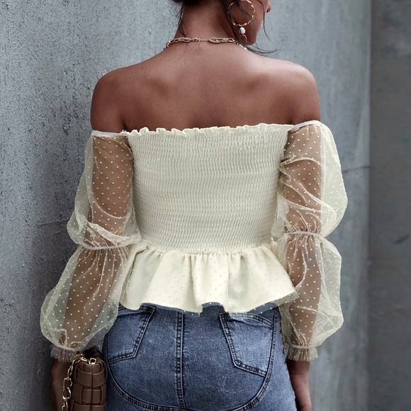 BellanBlue | Tops | Boho Cream Off Shoulder Ruffle Dot Sheer Blouse ...